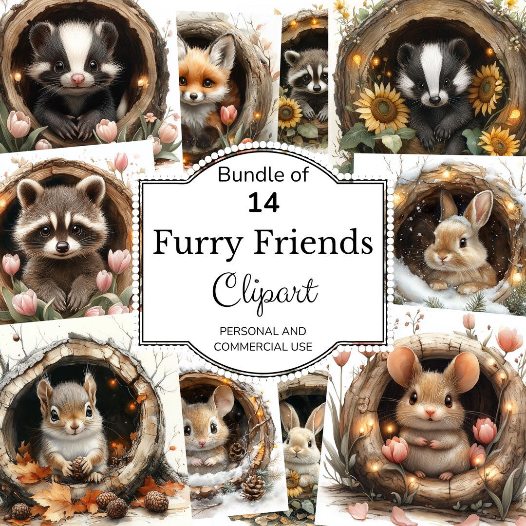 Printable Furry Friends in a Log Clipart Bundle of 14, Nature Furry ...