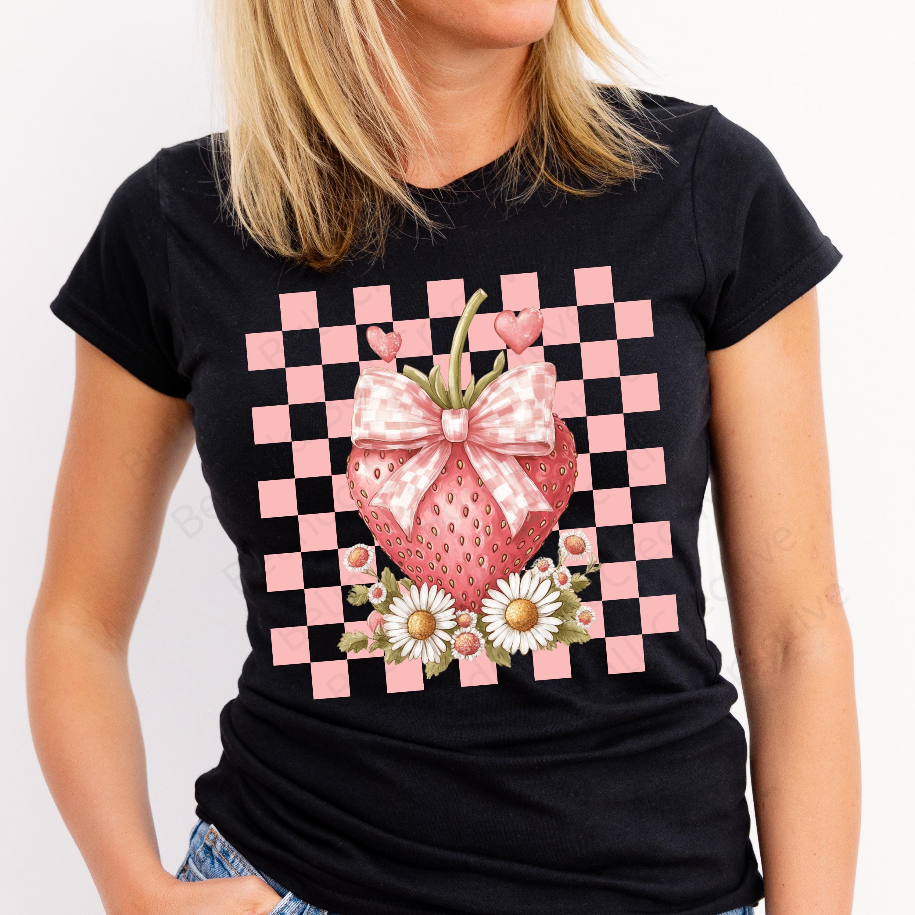 Printable Cute Pink Strawberry With Checkered Design and Bow PNG | Pink ...