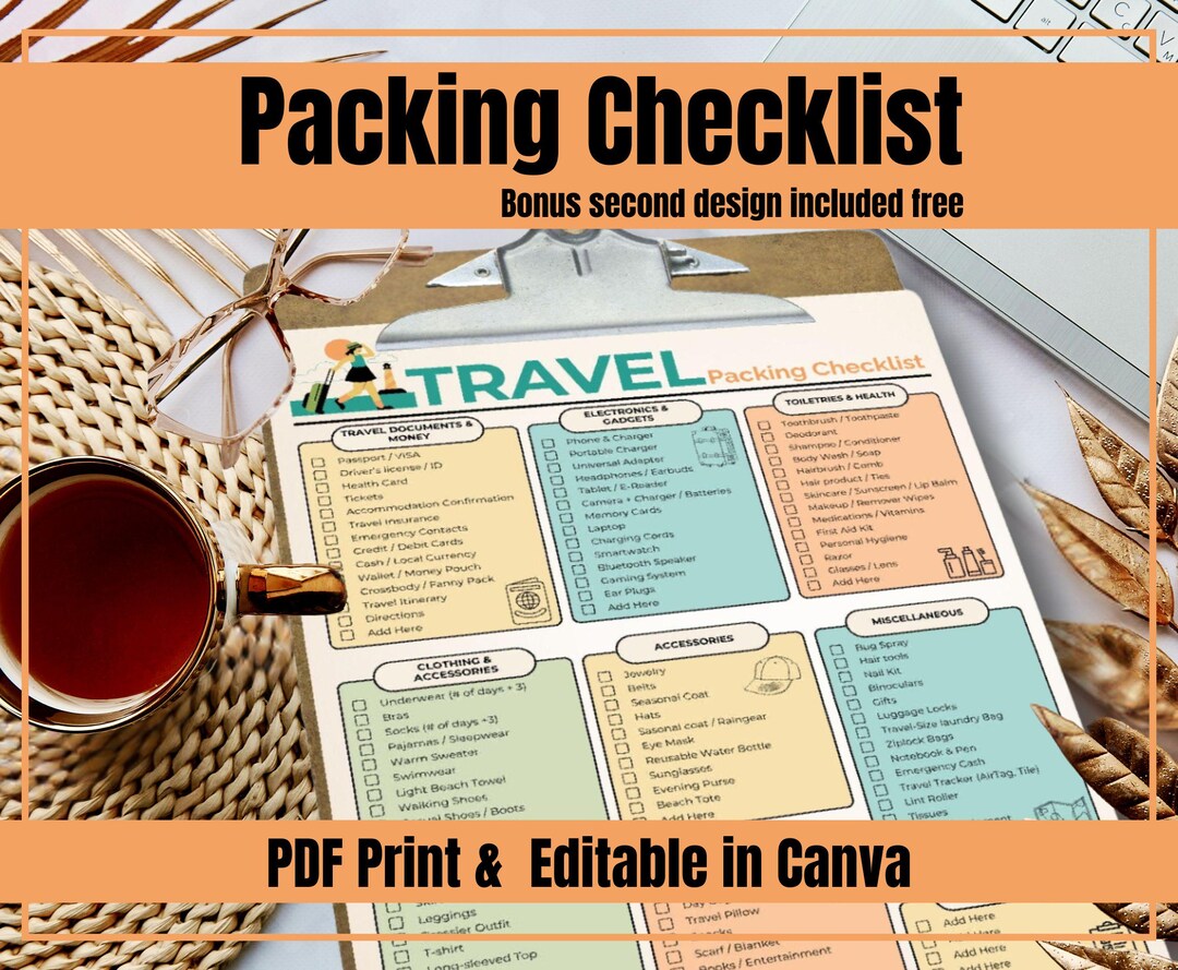 General Travel Packing List. Printable PDF + Editable Canva Template ...
