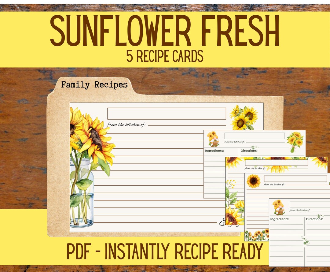 Sunflower Recipe Card Set: Printable 4x6 Template (digital Download ...