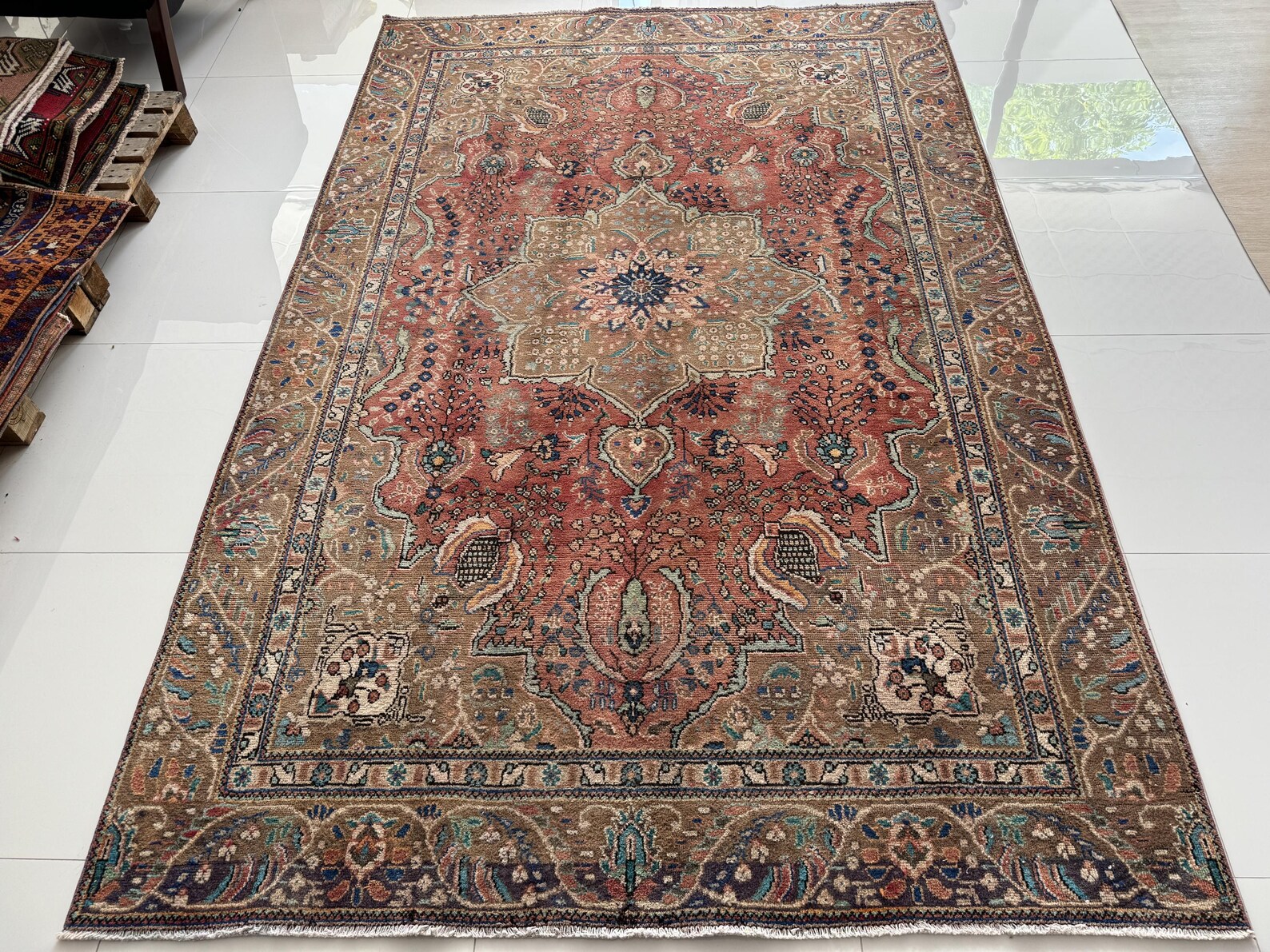 6x9 Oriental Vintage Rug, 6x9 Floral Area Rug, Red Brown Blue Rug ...