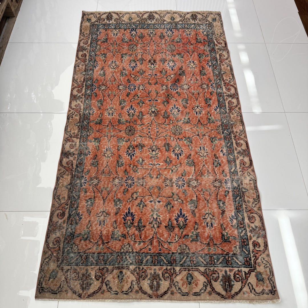 3x6 Vintage Floral Rug, 3x6 Turkish Wool Rug, Red Blue Beige Area Rug ...