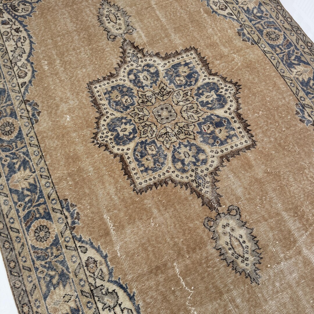 6x9 Vintage Turkish Wool Rug in Tan Camel Tones With Blue Medallion ...