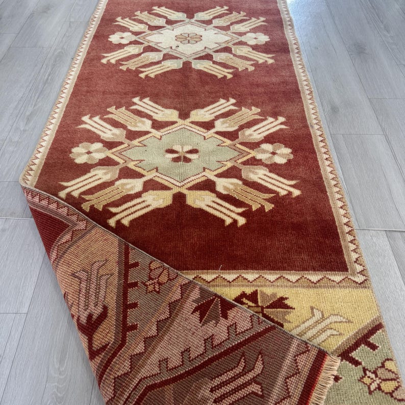 2x9 Red Vintage Wool Handknotted Oushak Runner Rug With Sage Medallions ...