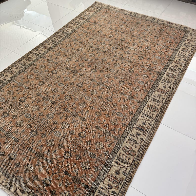 Terracotta Field Ivory Border Vintage Distressed Handmade Rug With ...
