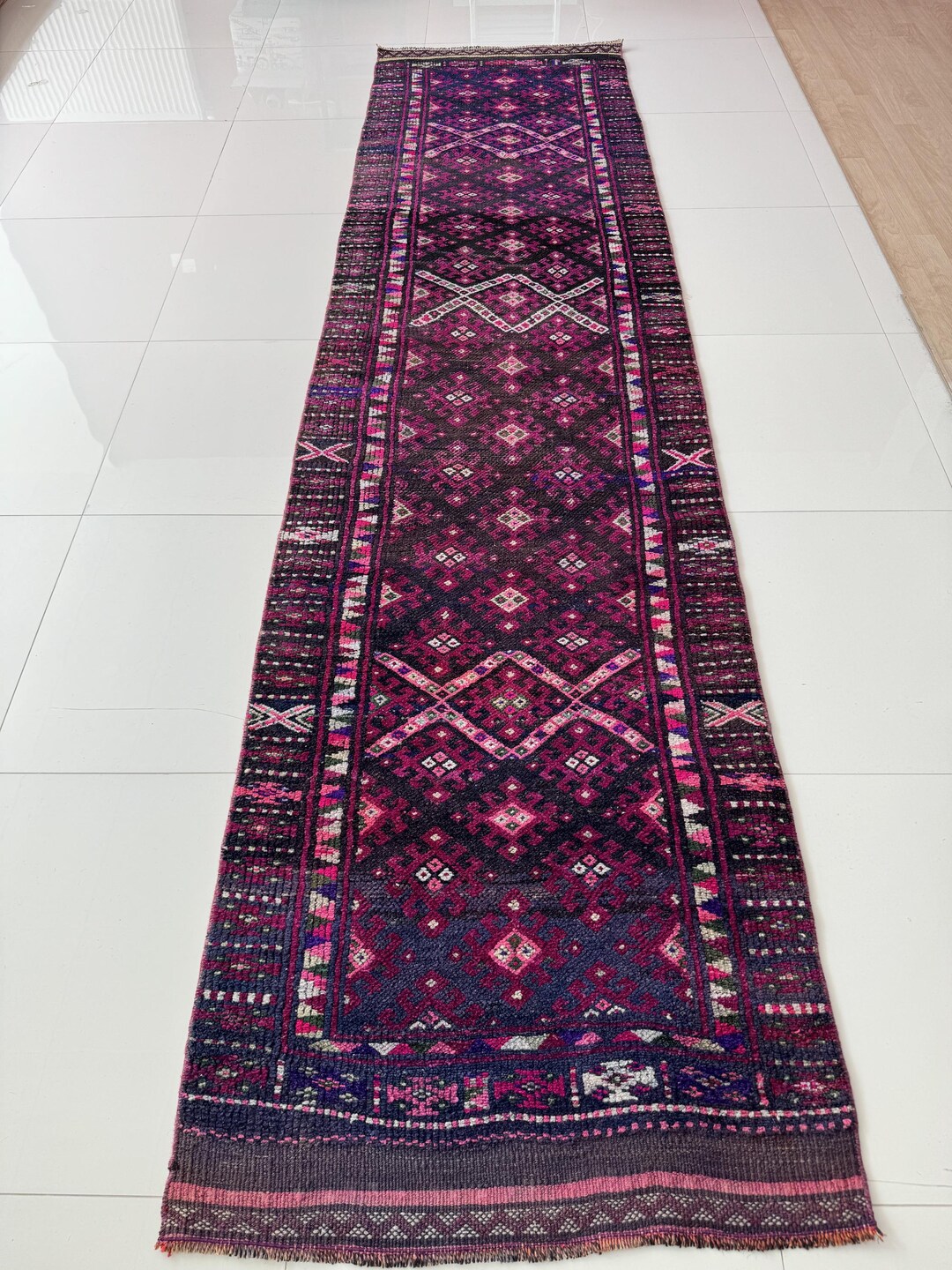 3x11 Oriental Vintage Runner Rug, 3x11 Oushak Turkish Rug, Pink Blue ...