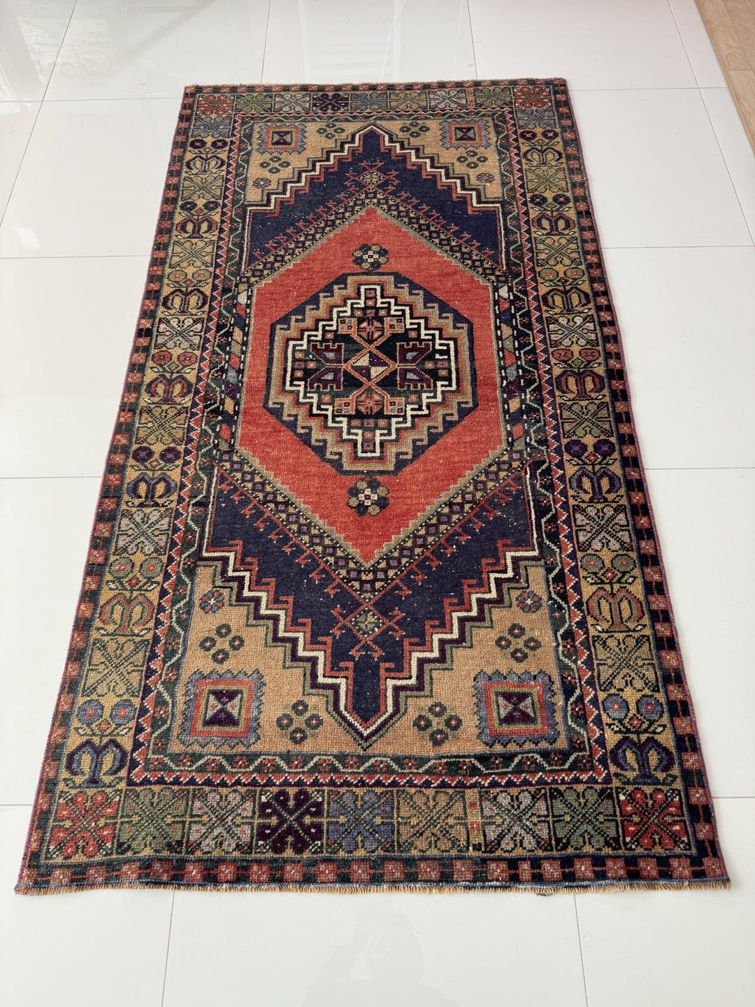 3x6 Oushak Vintage Rug, 3x6 Red Blue Beige Turkish Rug, Oriental Rug ...