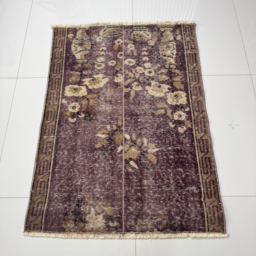 3x4 Vintage Floral Rug, 3x4 Turkish Area Rug, Purple Beige Oriental Rug ...