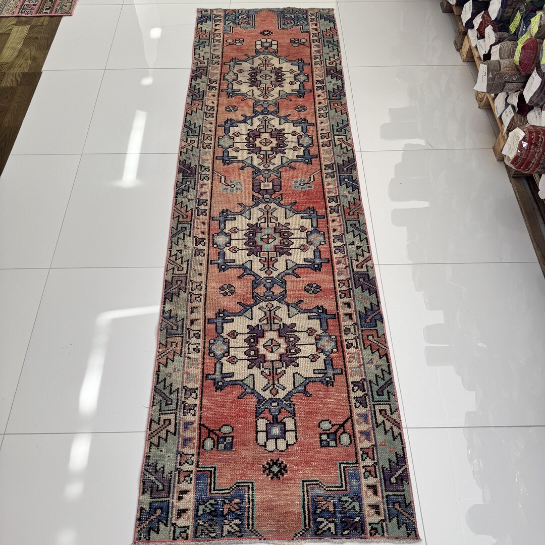 2x9 Red Vintage Runner Rug, 2x9 Blue Beige Turkish Runner, Oriental ...