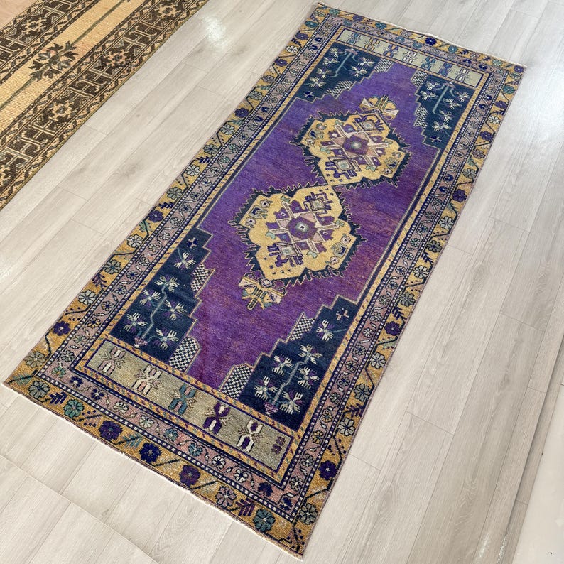 Purple Navy Gold Vintage Turkish Runner 3x7 With Floral Border and ...