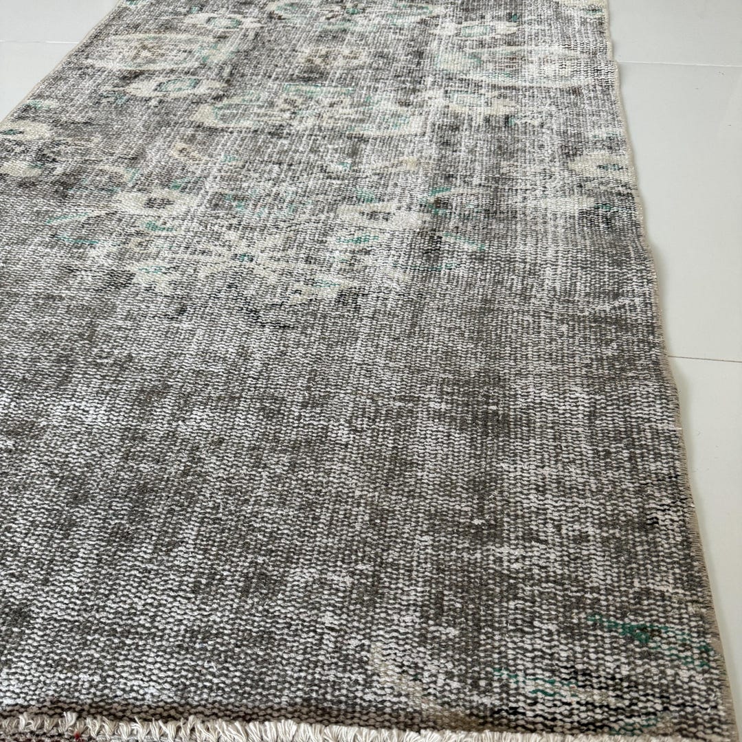 Smoky Gray Vintage Hallway Runner 2x8 With Ivory Motifs and Aqua ...