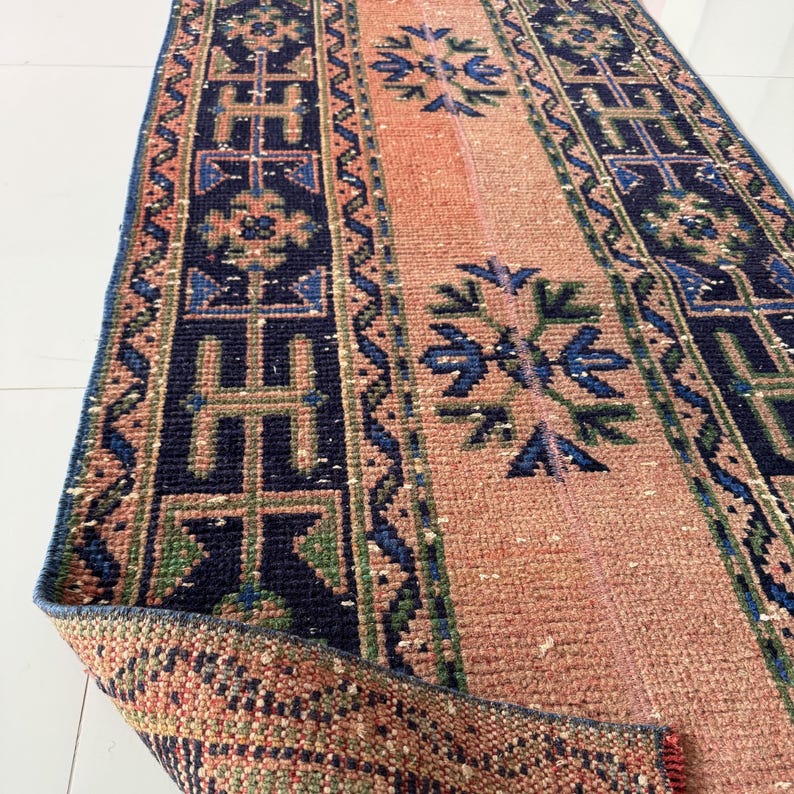 2x10 Pinkish Tan Field With Navy and Forest Green Vintage Oriental ...