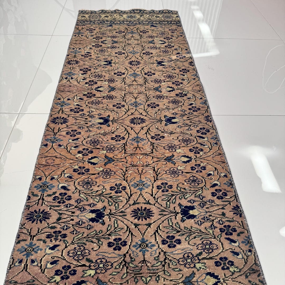 2x9 Turkish Wool Runner Rug, Vintage Rose Beige Carpet With Navy Blue ...