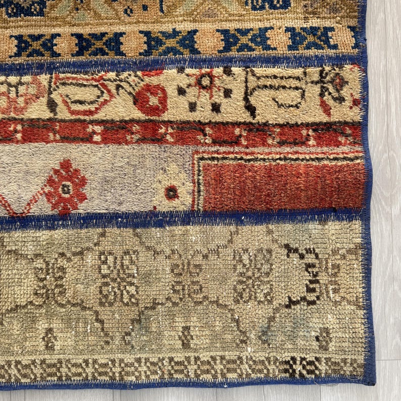 2x7 Neutral Beige Blue Vintage Wool Runner With Floral Border and ...