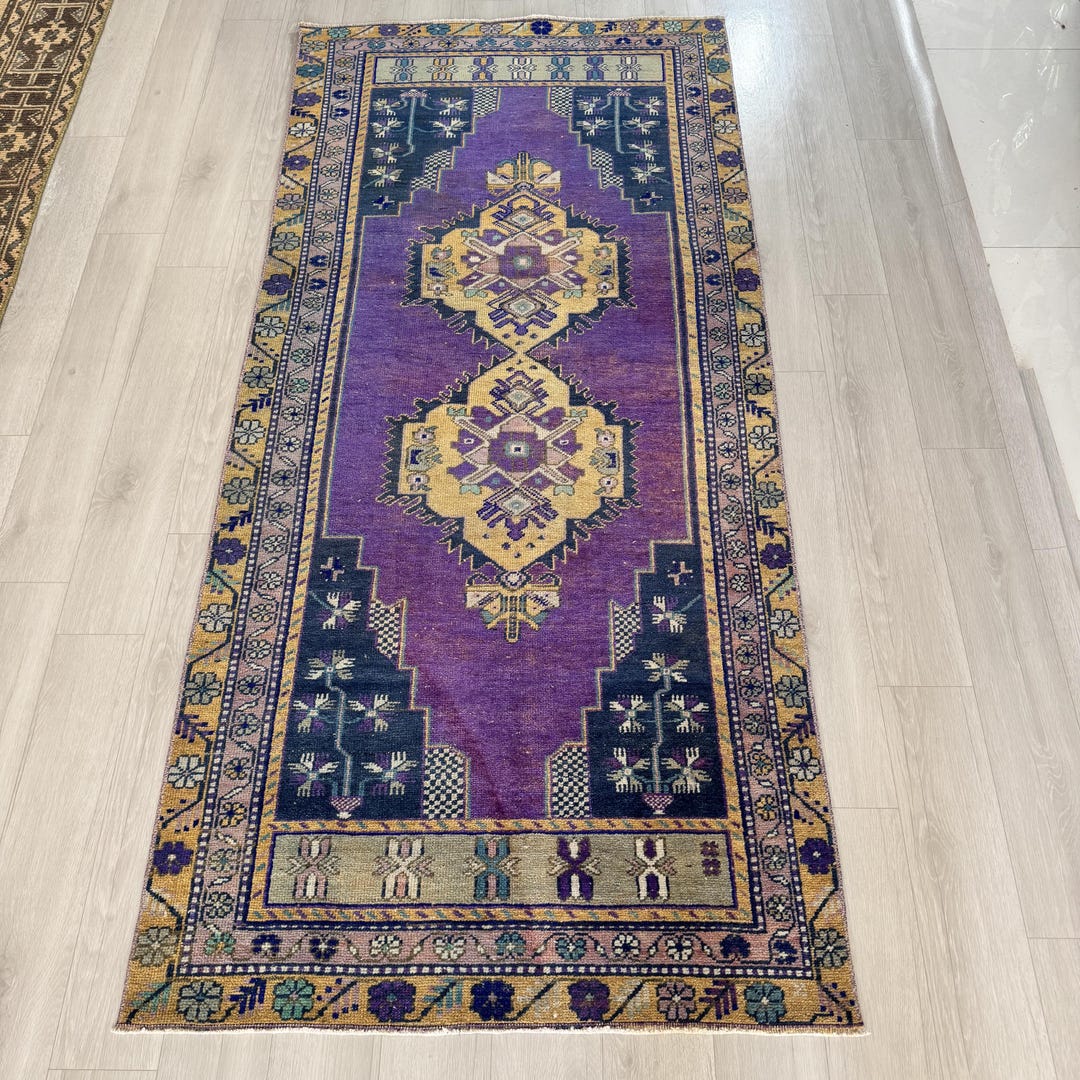 Purple Navy Gold Vintage Turkish Runner 3x7 With Floral Border and ...
