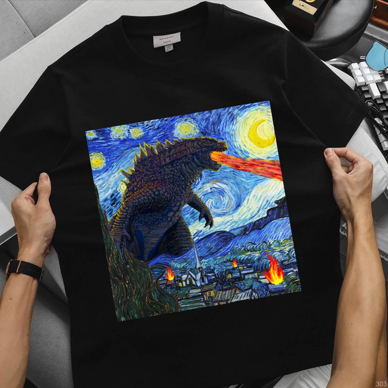 Vintage Godzilla Starry Night Shirt, Godzilla Van Gogh Starry Night ...