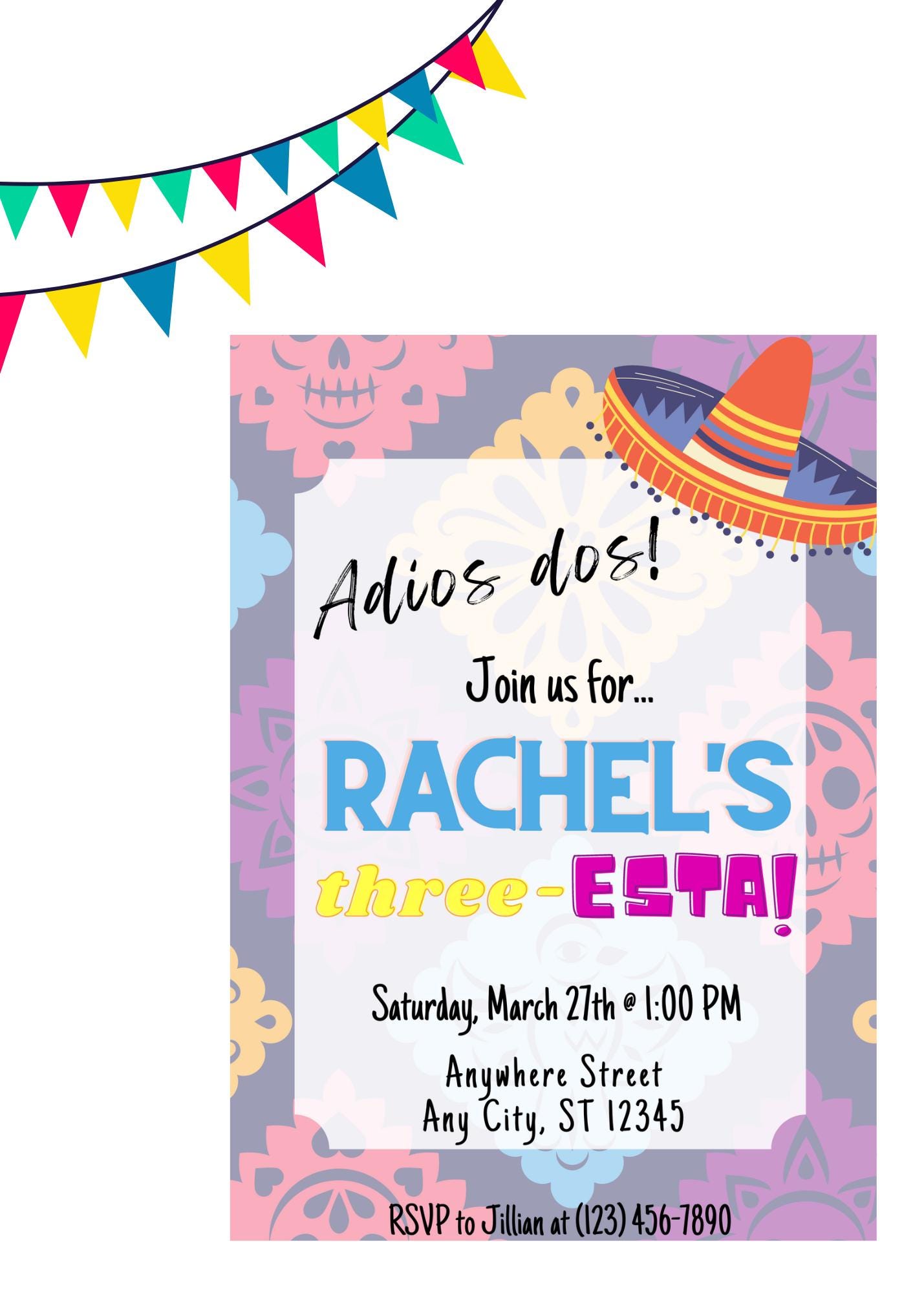 Adios Dos, Three-esta, Birthday Party Invitation, 3rd Birthday, Digital ...