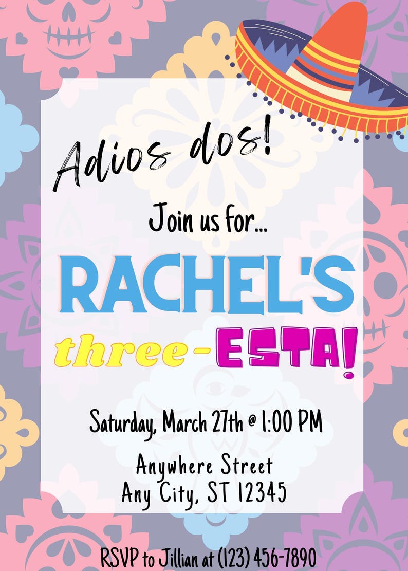 Adios Dos, Three-esta, Birthday Party Invitation, 3rd Birthday, Digital ...