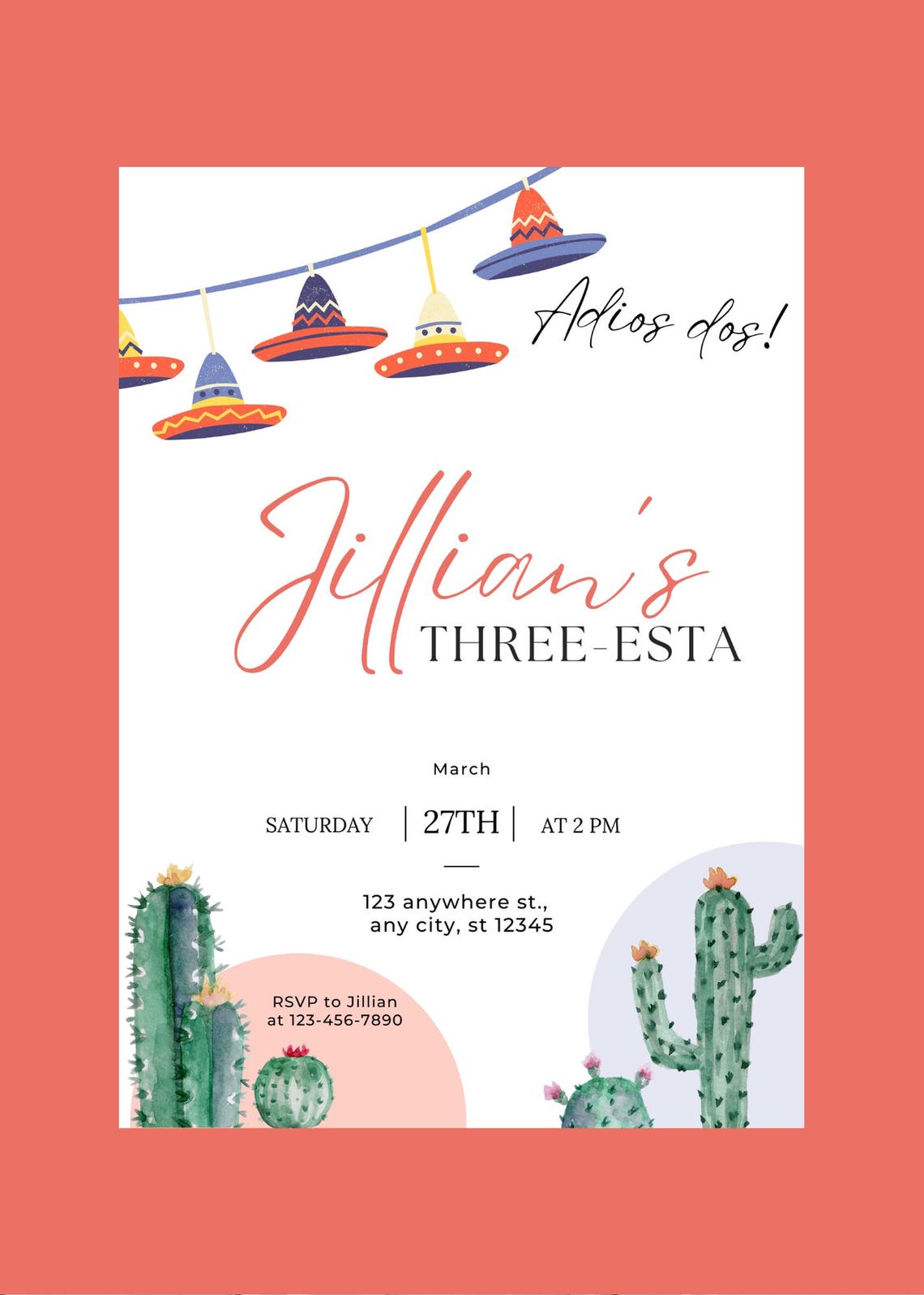 Adios Dos, Three-esta, Third Birthday, Birthday Invitation ...