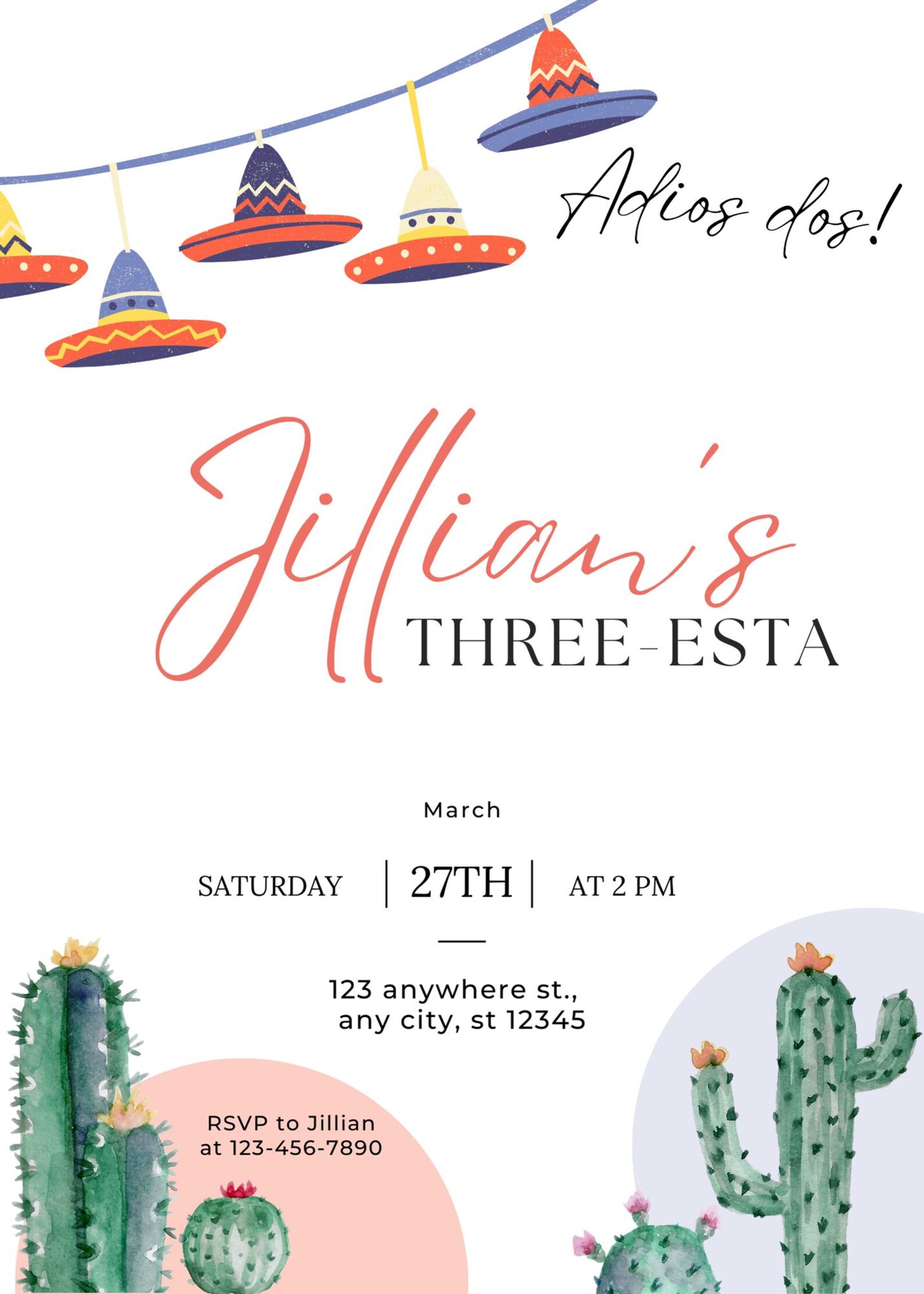 Adios Dos, Three-esta, Third Birthday, Birthday Invitation ...