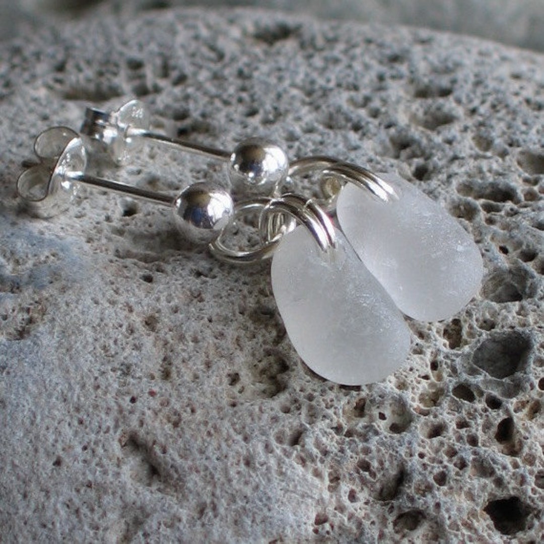 Genuine Sea Glass Sterling Silver Stud Earrings Sea Beach Glass Gems ...
