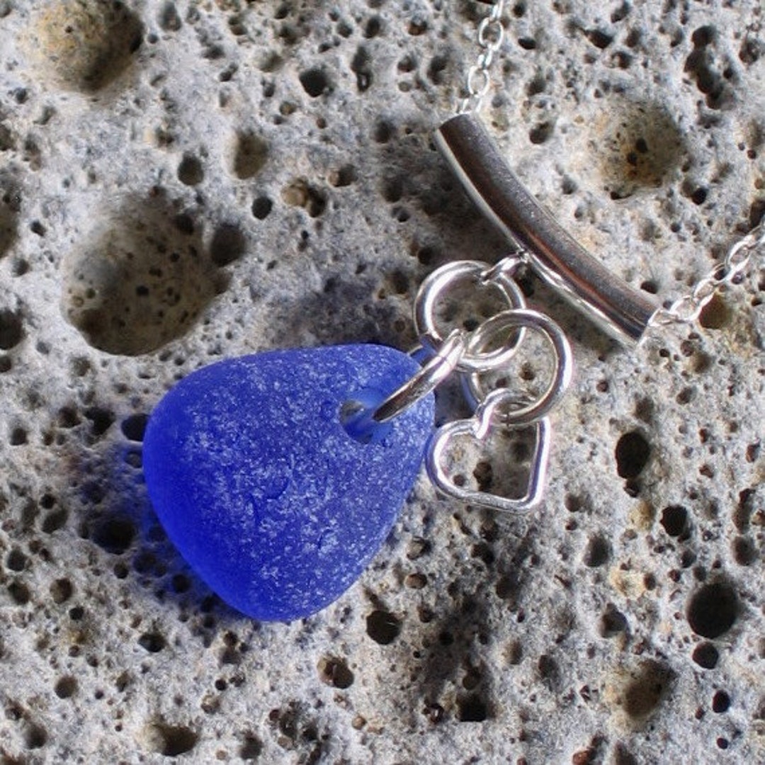 Blue Sea Glass Pendant Sterling Silver Heart Necklace Genuine Sea Beach ...