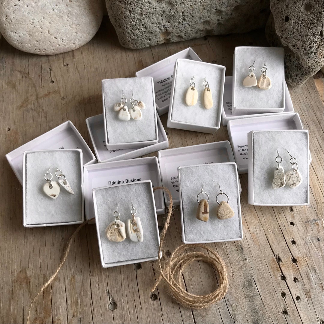 Genuine Sea Pottery Sterling Silver Earrings Natural Surf Tumbled Sea ...