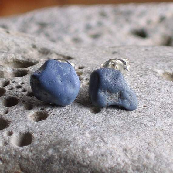 Blue Slag Glass Sea Glass Sterling Silver Studs Post Earrings - Etsy UK