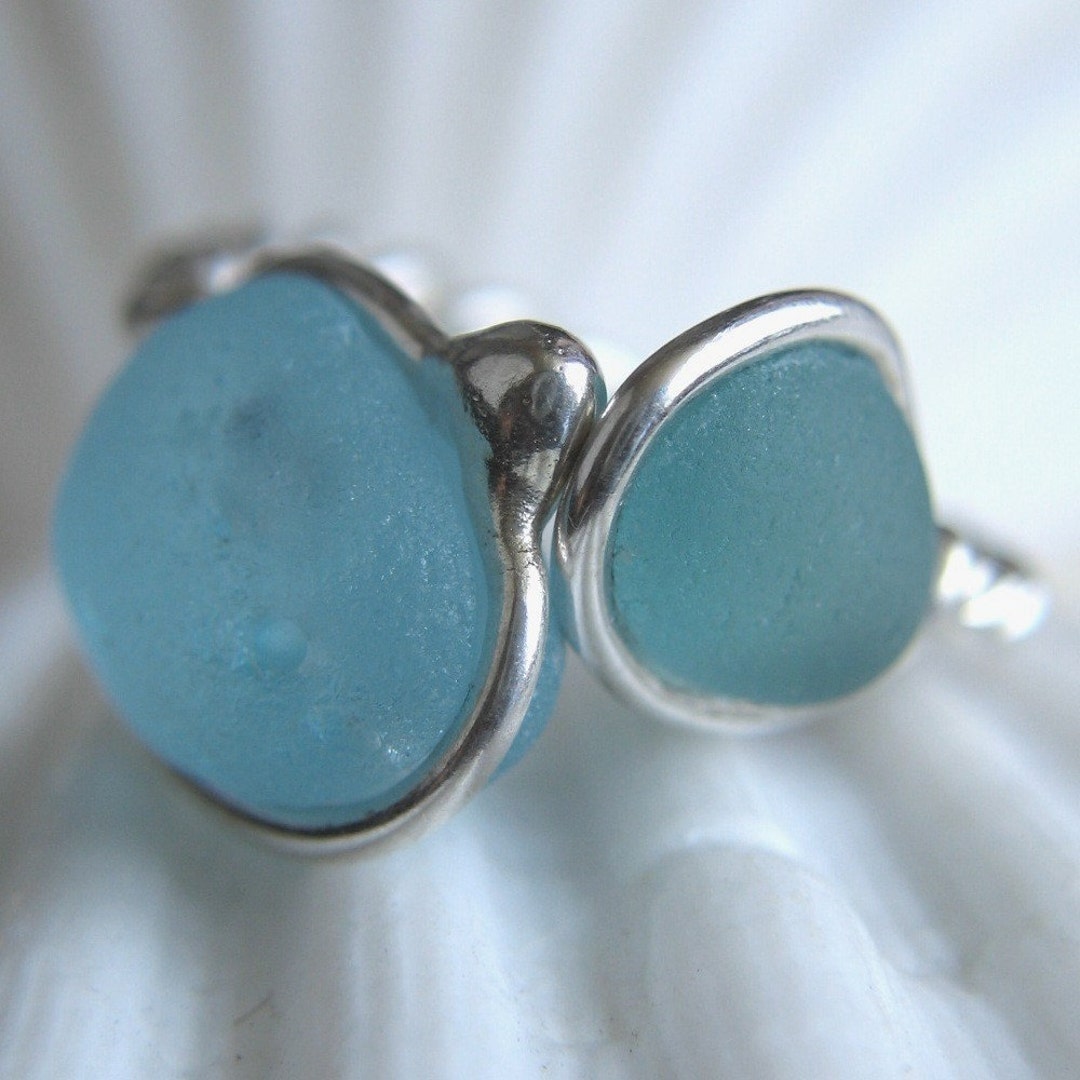 Natural Sea Glass Sterling Silver Ring Bubbley Aqua Blue and Seafoam US ...