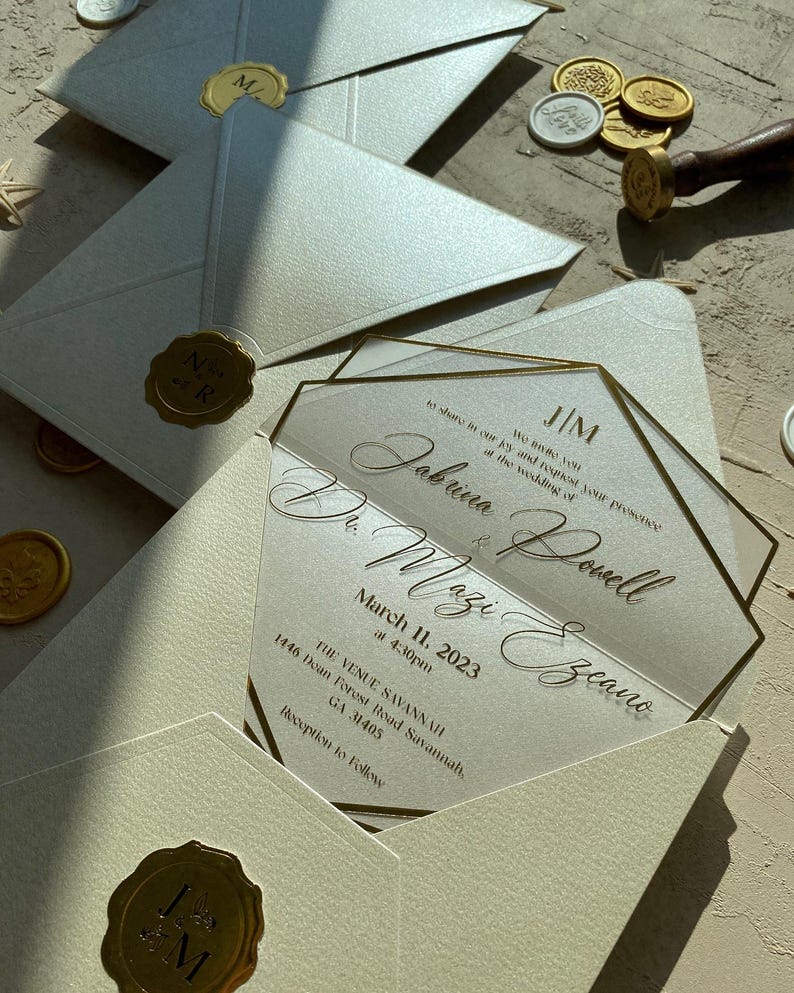 Gold Foil Acrylic Wedding Invitations: Dried Flowers, Elegant Modern ...