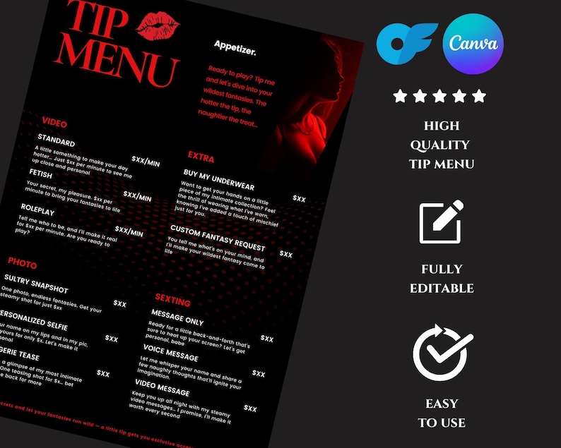 Customizable Onlyfans Tip Menu Template | Editable Canva Tip Jar Menu ...