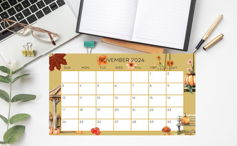 Editable November 2024 Calendar, Printable Fall Calendar, Sunday Start ...