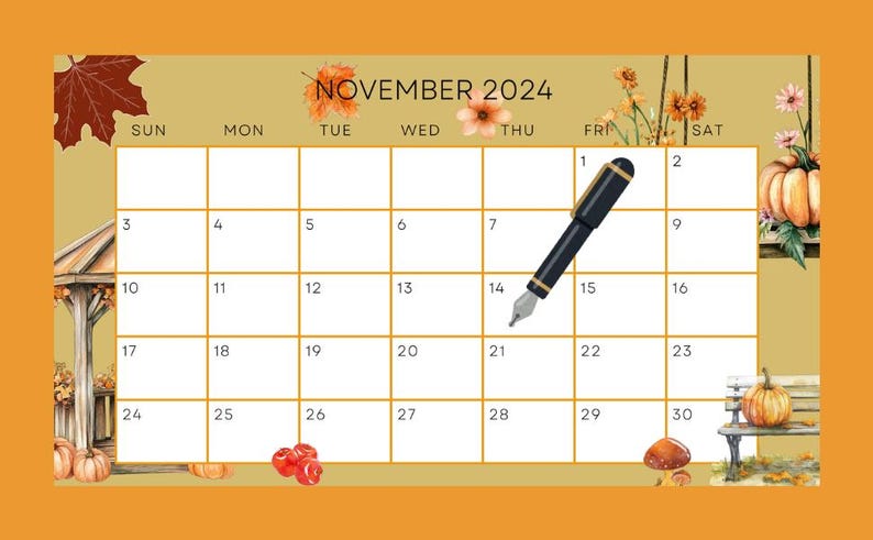 Editable November 2024 Calendar, Printable Fall Calendar, Sunday Start ...