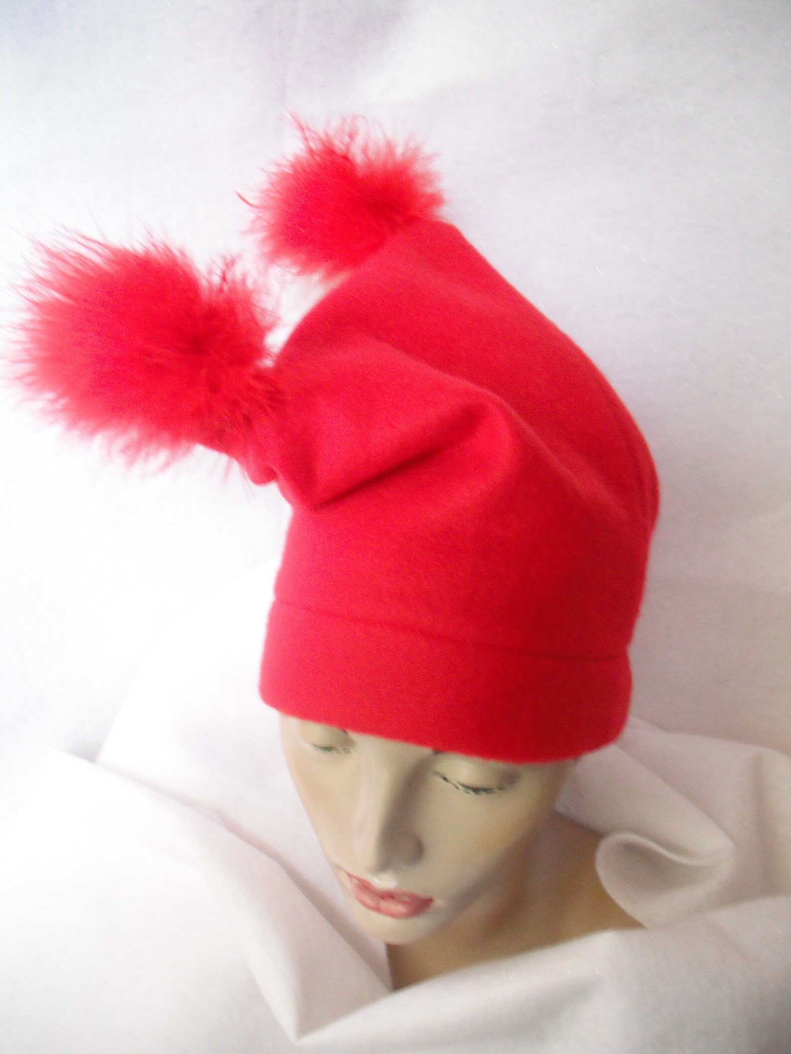RED Fleece Hat With Feather Poufs - Etsy