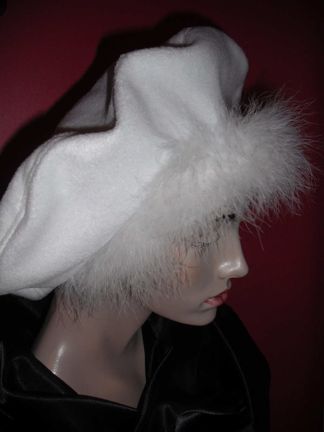White Floppy Beret Hat , White Fleece Hat With Feather Trim, Feathered ...