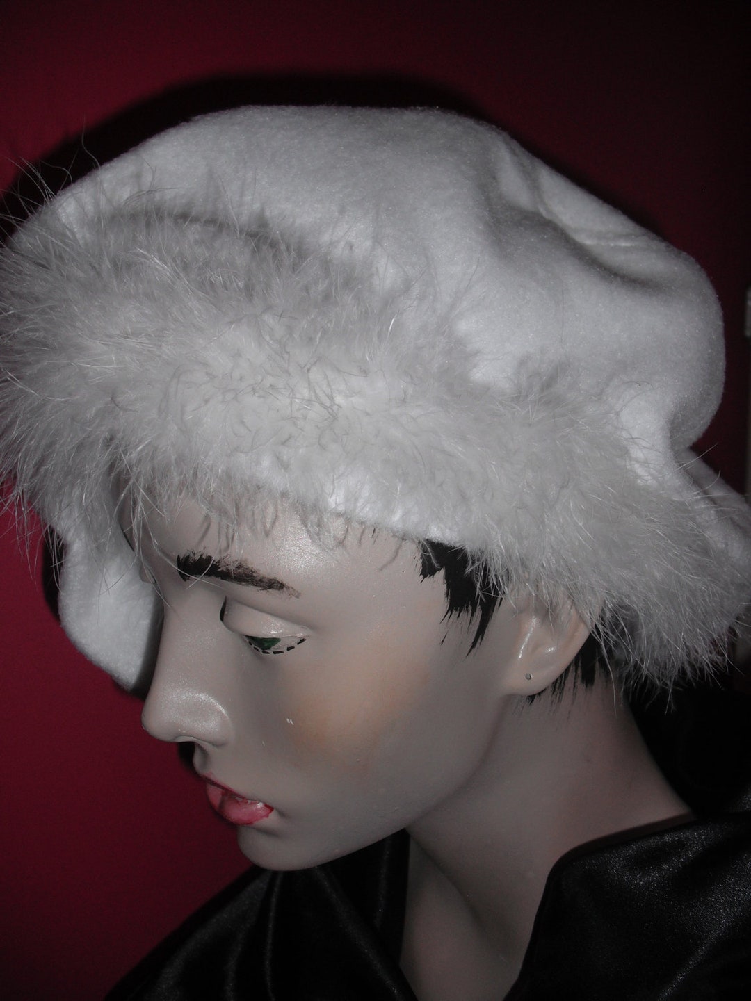 White Floppy Beret Hat , White Fleece Hat With Feather Trim, Feathered ...