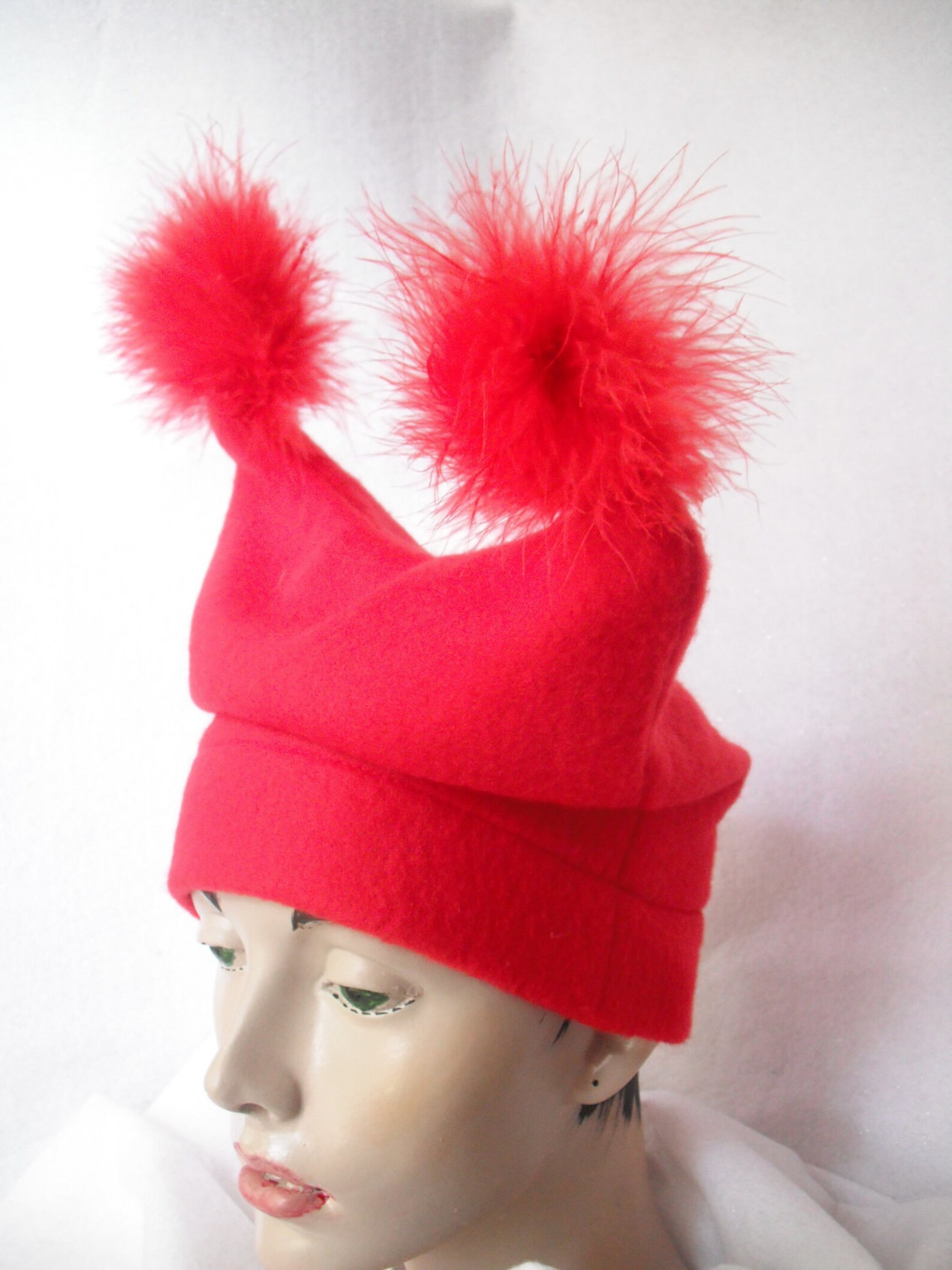 RED Fleece Hat With Feather Poufs - Etsy