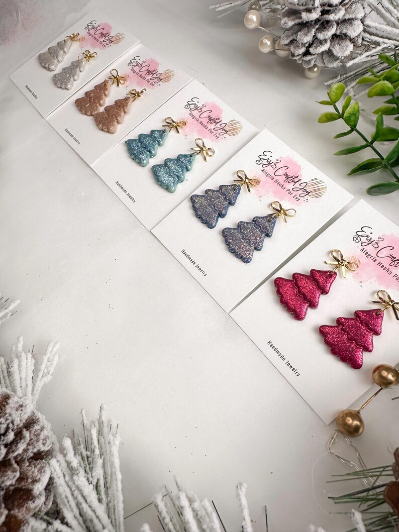 Polymer Clay Christmas Tree Earrings With Bow | Shimmer Dangle Earrings ...