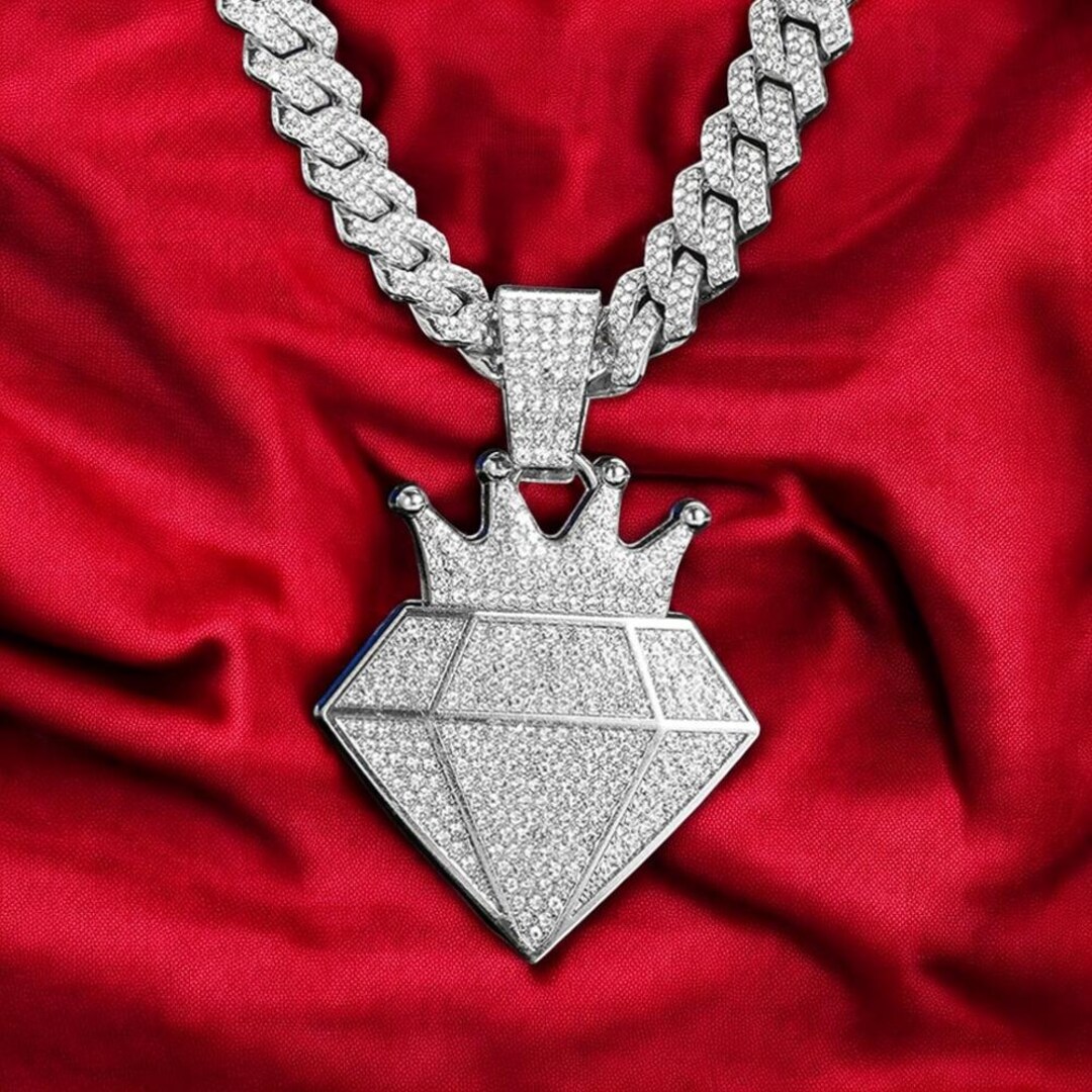Iced Out Crown Pendant Necklace, 13mm Rhinestone Cuban Chain Bling ...