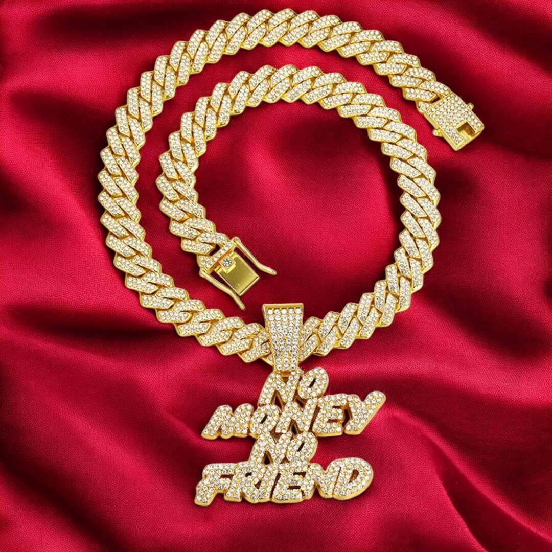 No Money No Friends Pendant Necklace, 14mm Cuban Chain Iced Out Bling ...
