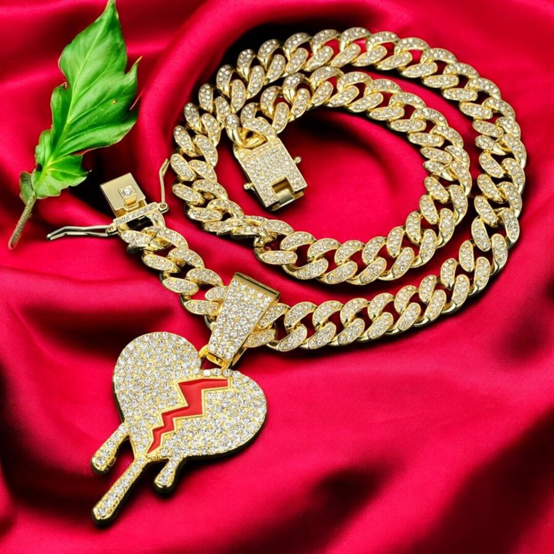 Iced Out Broken Heart Pendant Necklace Miami Cuban Link Chain ...