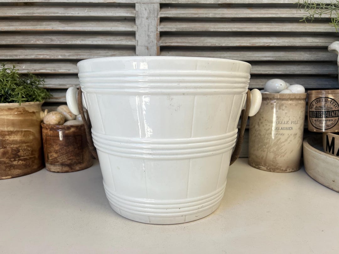 Antique Ironstone Bucket With Wicker Handle White Ironstone Pail ...