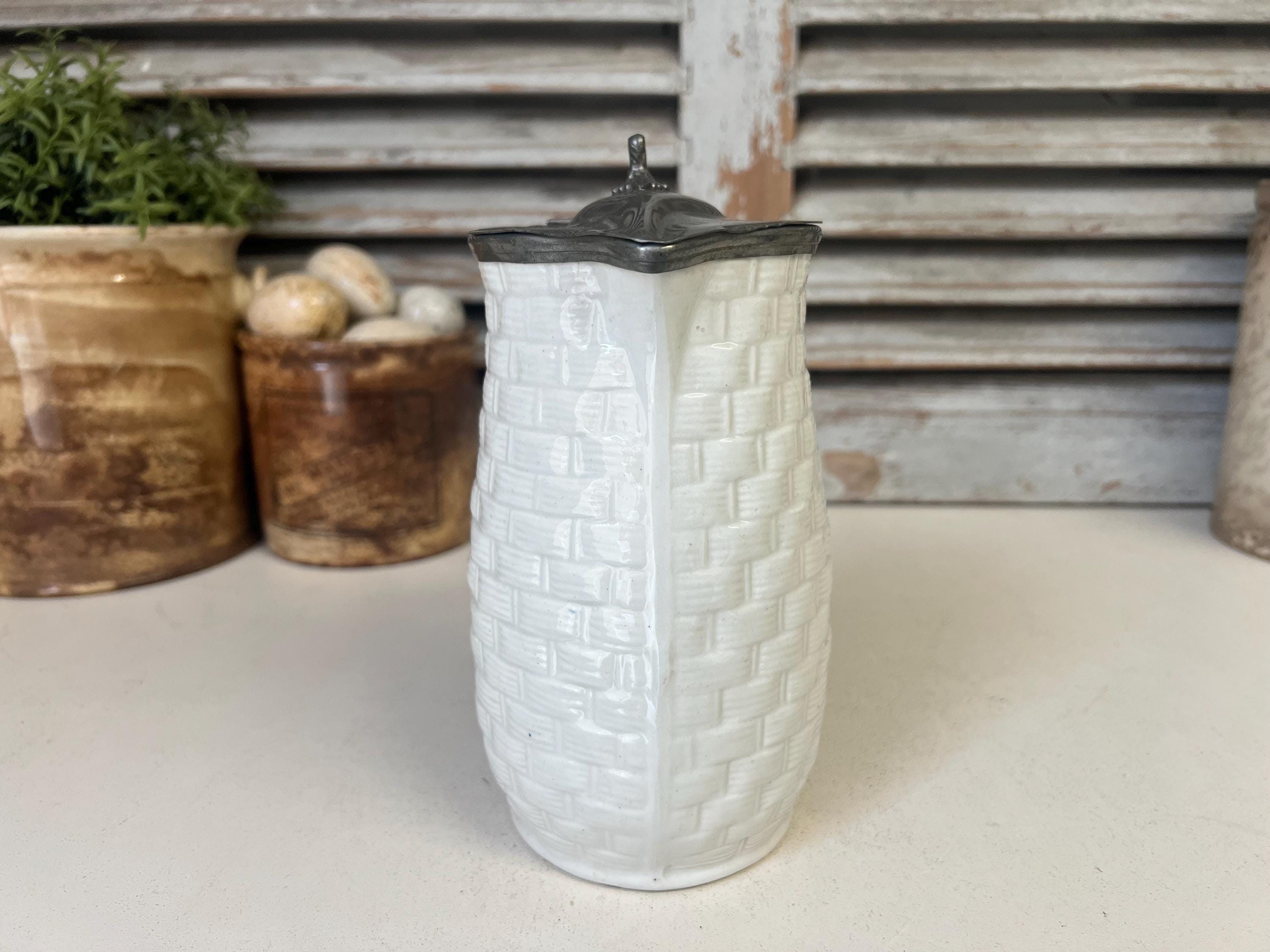 Antique White Relief Pitcher Basket Weave Design and Pewter Lid ...