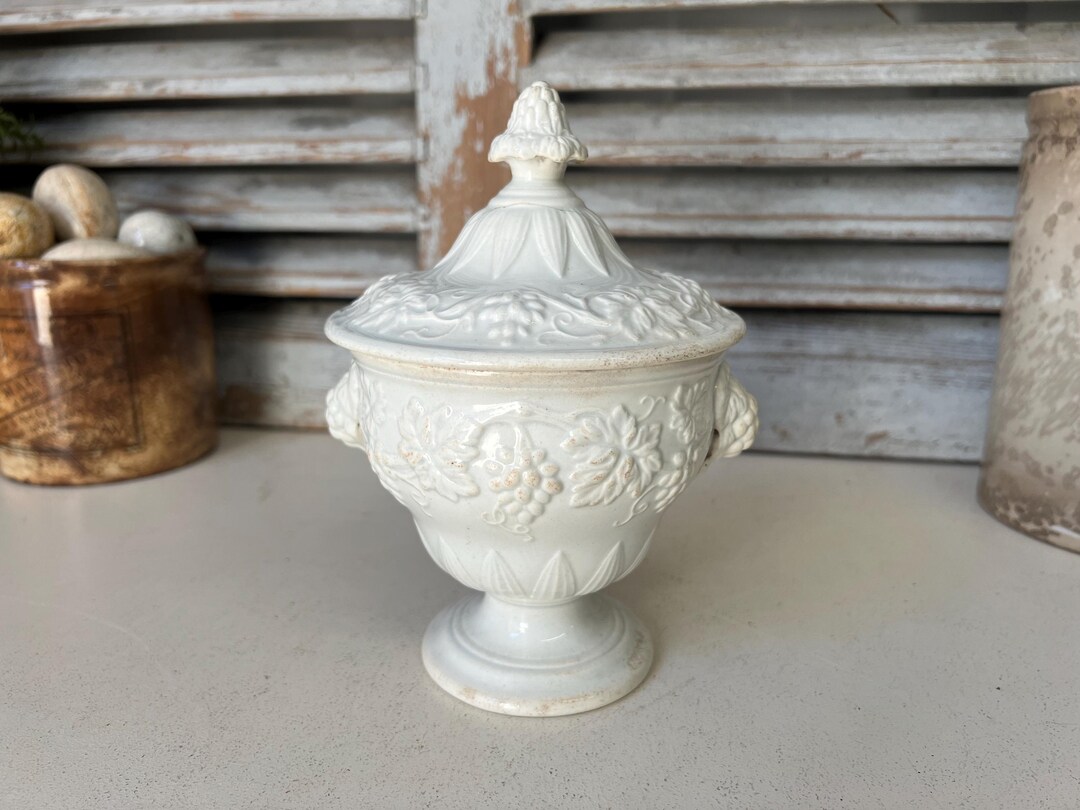 French Antique Ironstone Footed Pot With Embossed Grapes - Stained ...