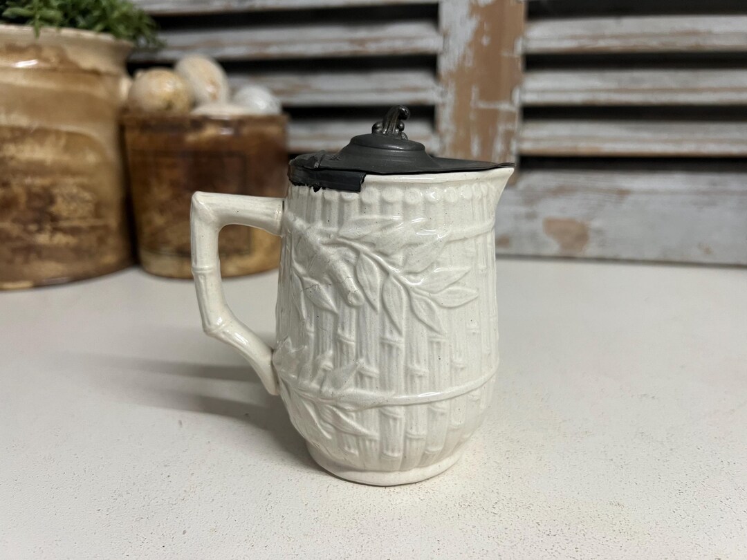 Antique Small White Ironstone Bamboo Relief Pitcher With Pewter Lid ...