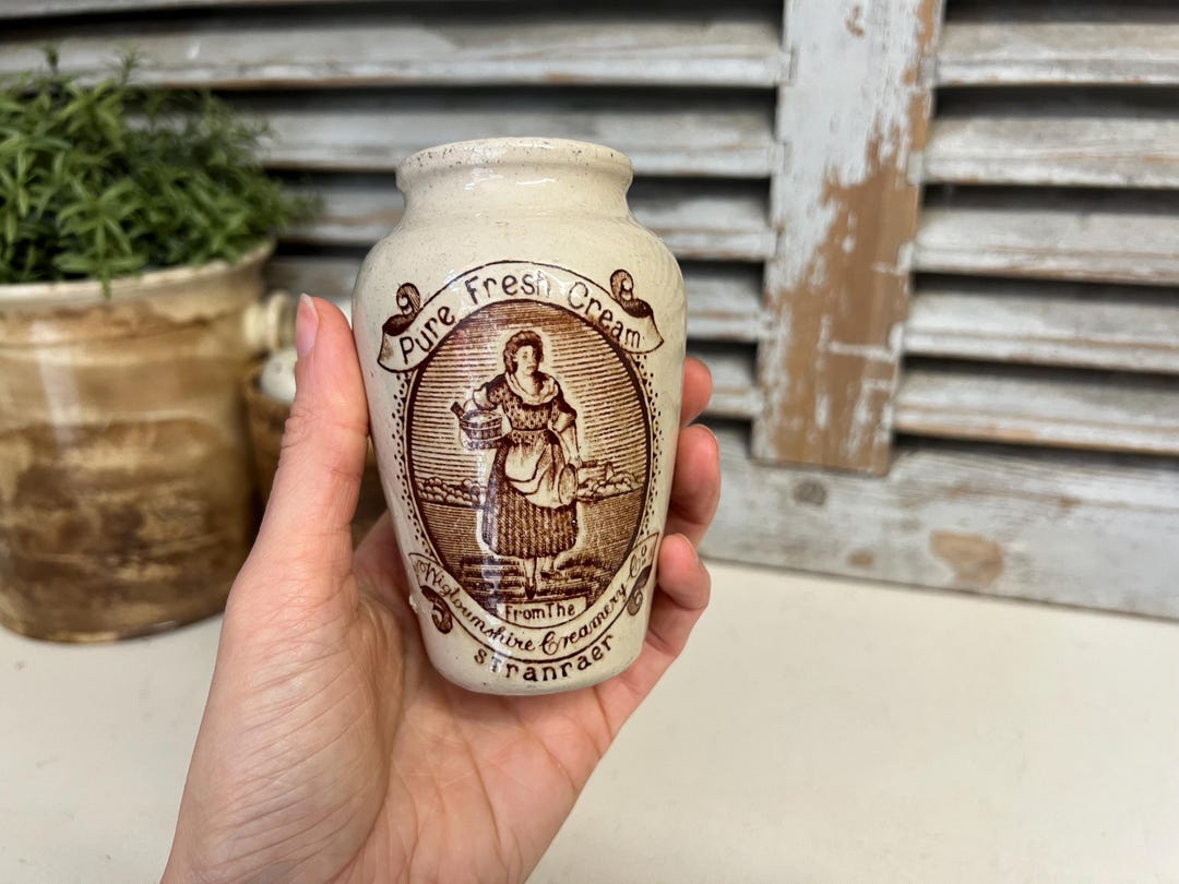 1x Antique Stoneware Cream Crock With Sepia Transfer - Stranraer Cream ...