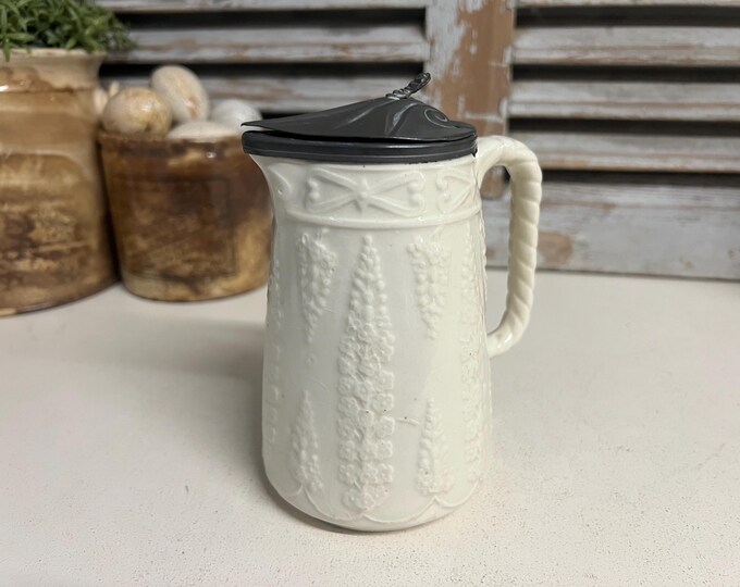 Antique Small White Ironstone Relief Pitcher With Pewter Lid ...