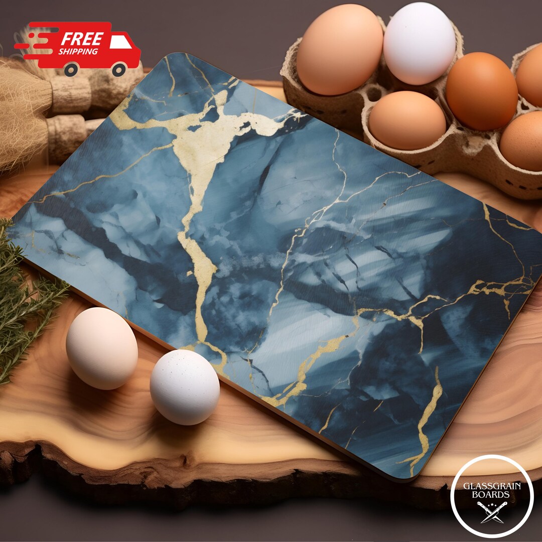 Blue and Gold Marble Glass Charcuterie Board, Large Chopping Board ...