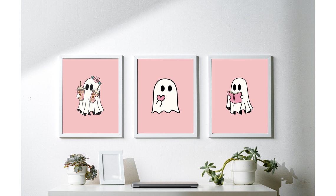 3 Cute Ghosts Halloween Poster | Pink Aesthetic Halloween Wall Art ...