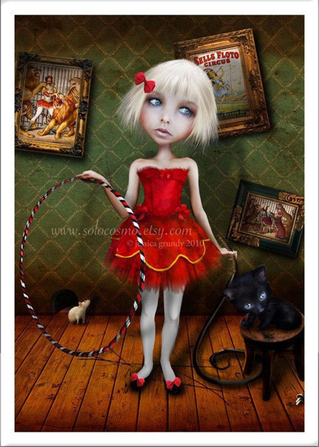 5x7 Circus Art Print Valetto Little Ringmaster Girl and Black Cat Small ...